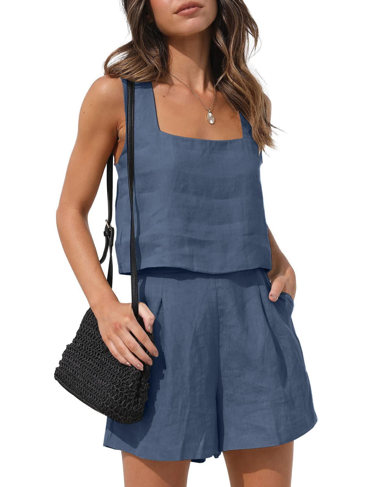 2024 Summer New Women‘s 2-piece Casual Suit Linen Shorts Sleeveless Top ...