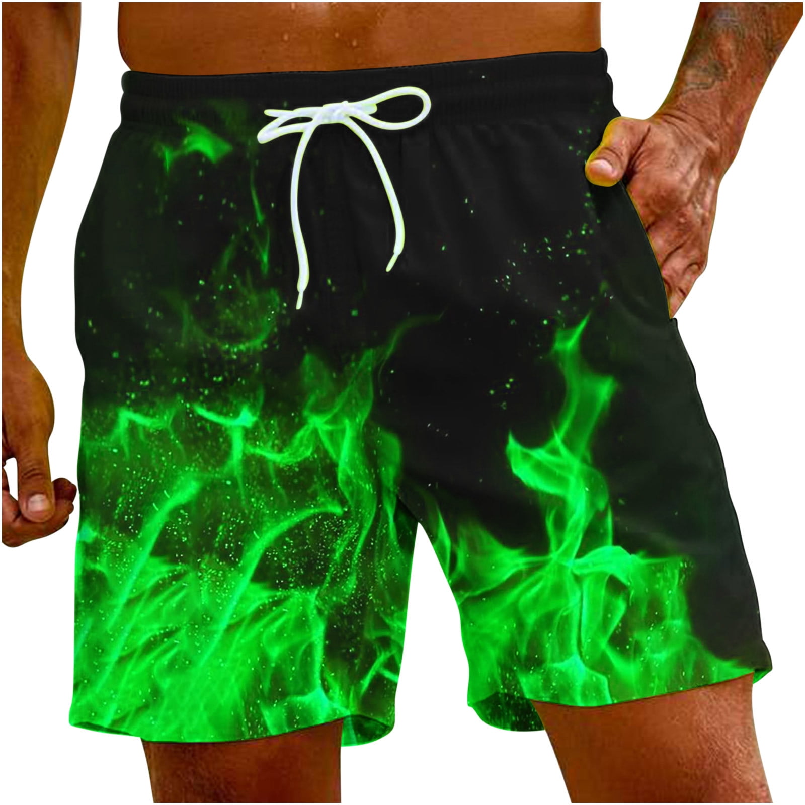 2024 Summer Plus Size Mens Shorts Drawstring Elastic Waist Flame Print