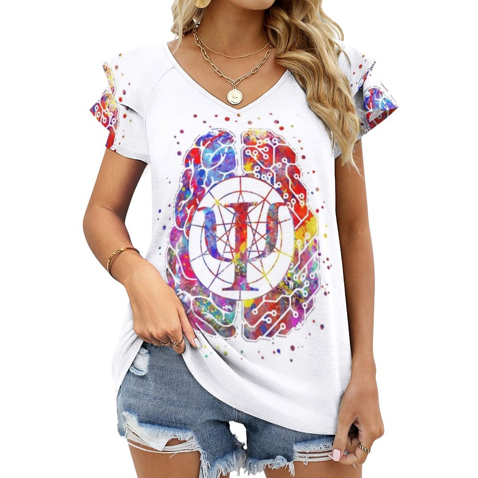 2024 Symbol And Brain Ruffle Short Sleeve T-Shirt Women's V Neck Print ...