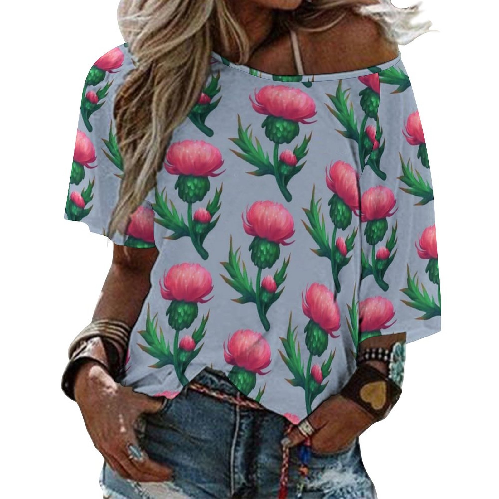 2024 Thistle Ruffle Short Sleeve T-Shirt Women's V Neck Sexy Printed T ...