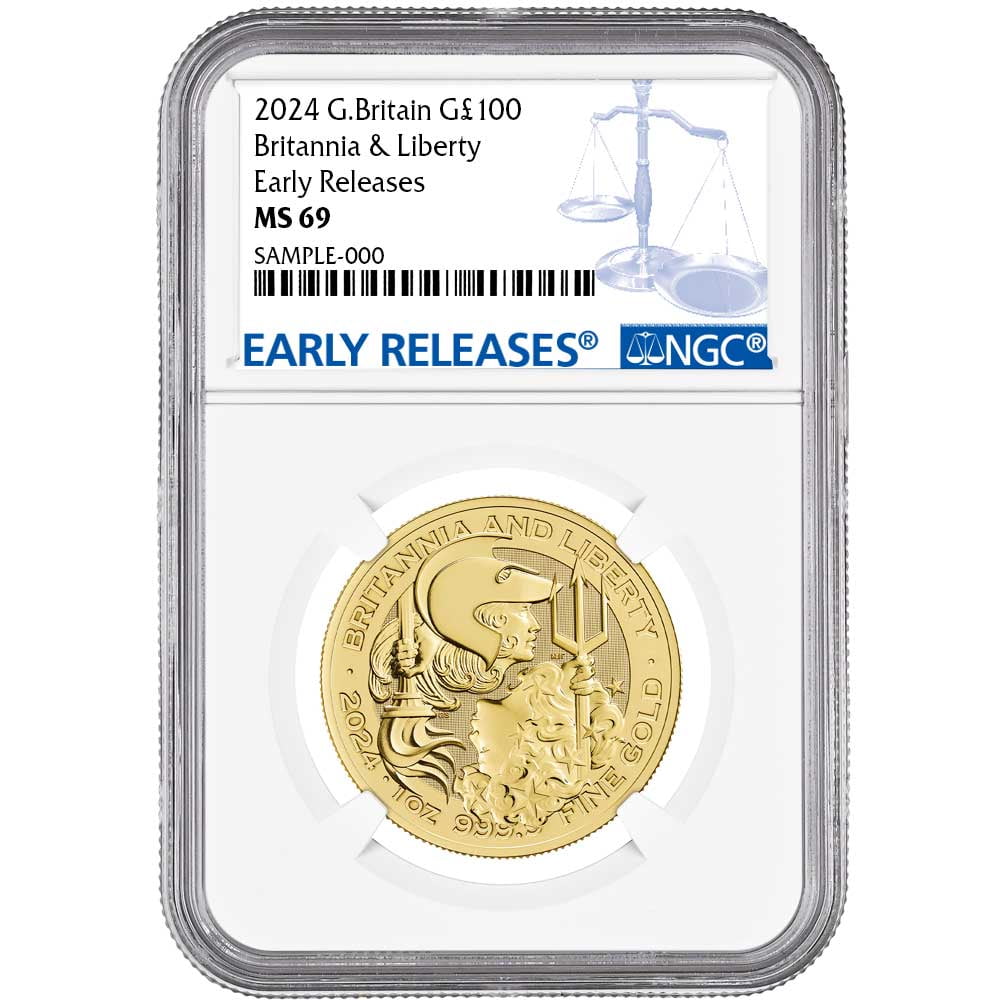 2024 UK 100 Pound Gold Britannia & Liberty 1 oz NGC MS69 ER Blue Label ...