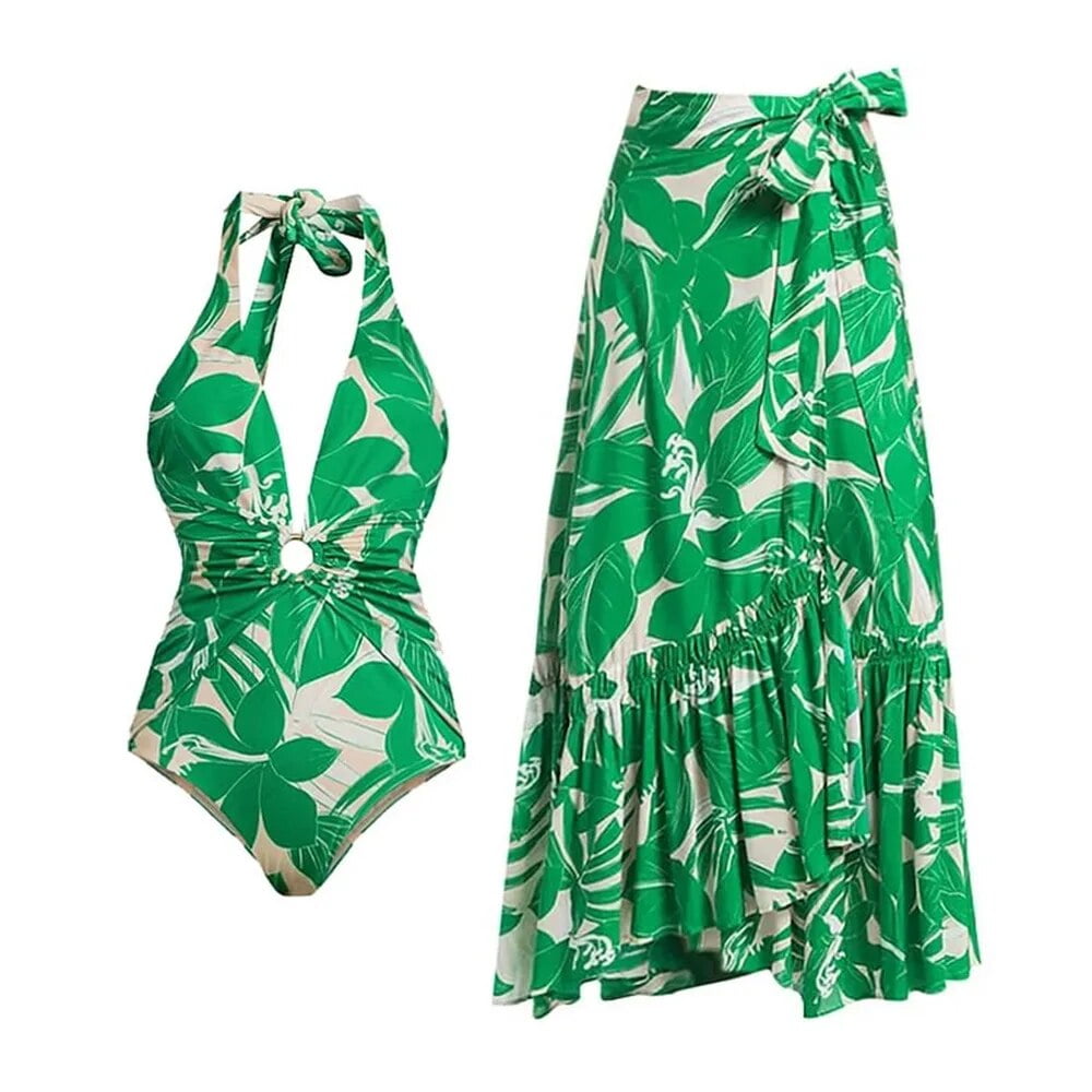2024 V Neck Halter One Piece Swimsuit and Skirt Swimwear Women Bodysuit ...