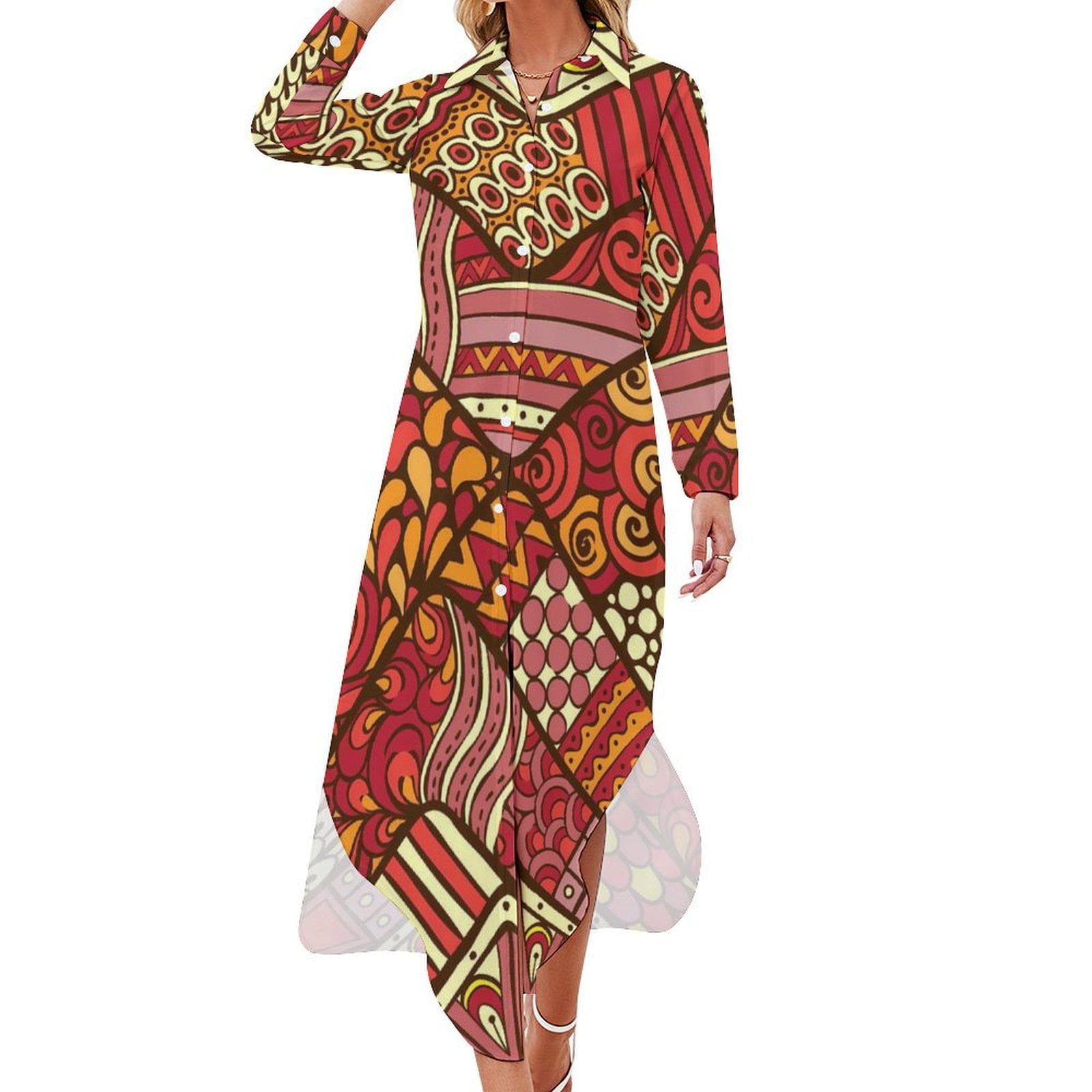 2024 Vintage Ethnic Chiffon Dress Red Aztec Print Cute Dresses Female ...