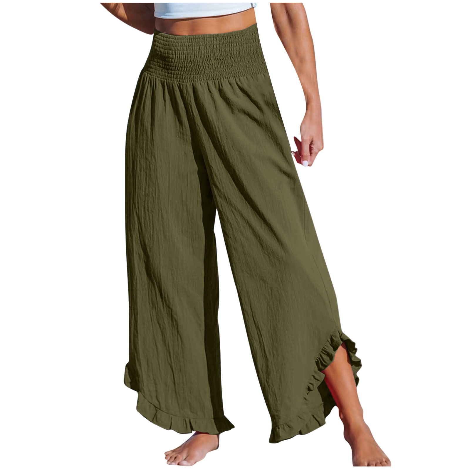 2024 Wide Leg Flowy Pants Womens Smocked High Waisted Loose Cute Ruffle ...