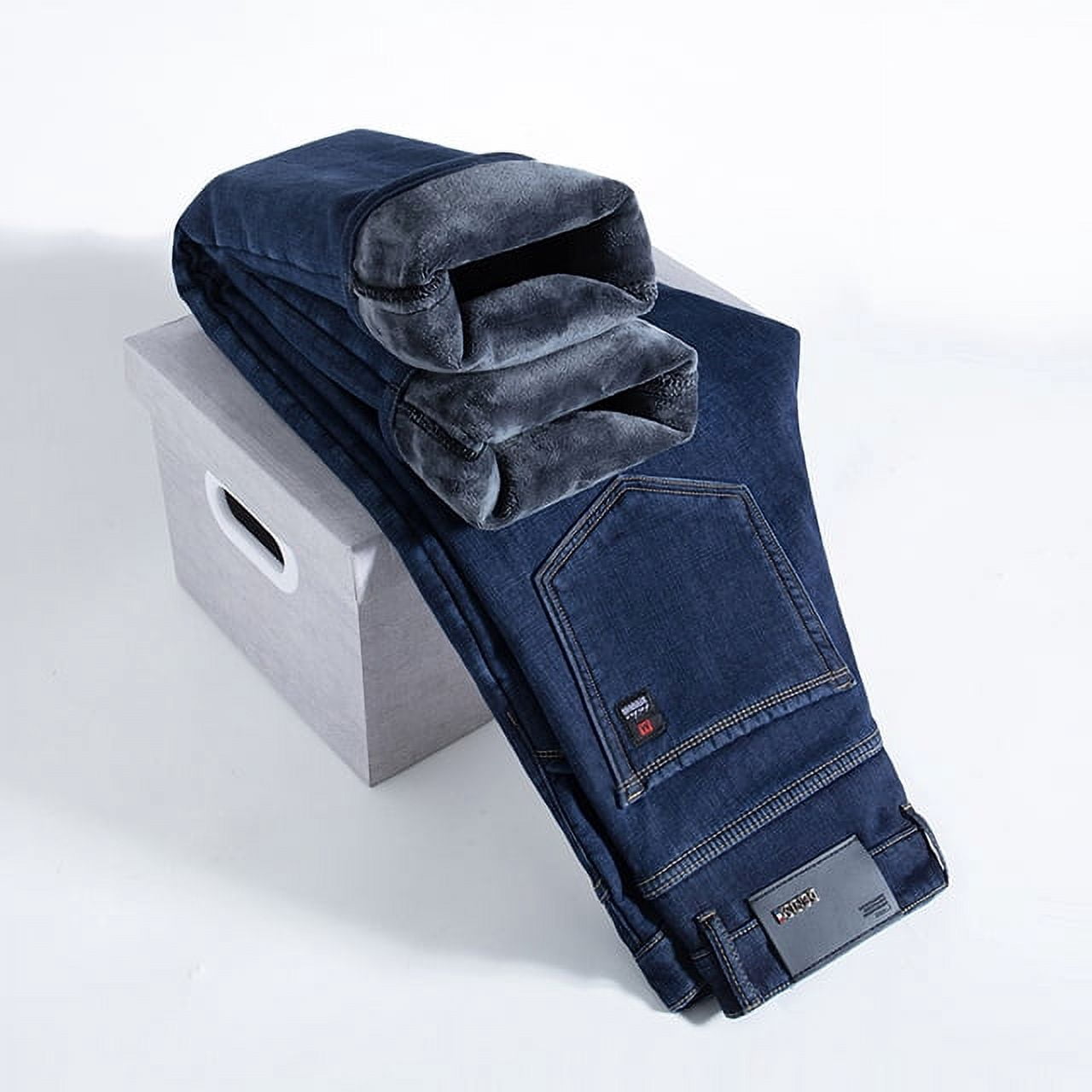 2024 Winter Men‘s Warm Slim Jeans Thickened Stretch Fleece Straight ...