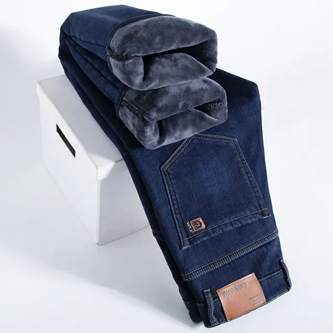 2024 Winter Men‘s Warm Slim Jeans Thickened Stretch Fleece Straight ...