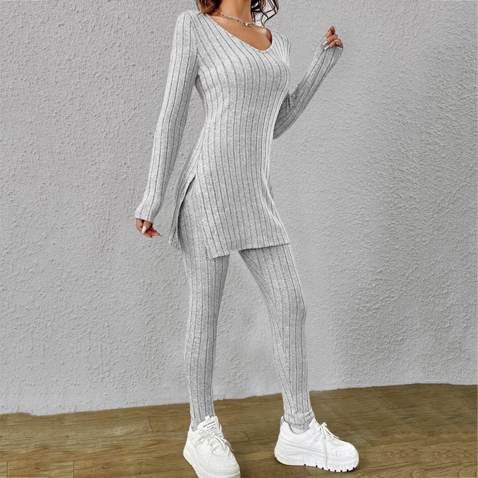 2024 Women Two Piece Outfits Set Long Sleeve V Neck Slit Hem Tee Shirt ...