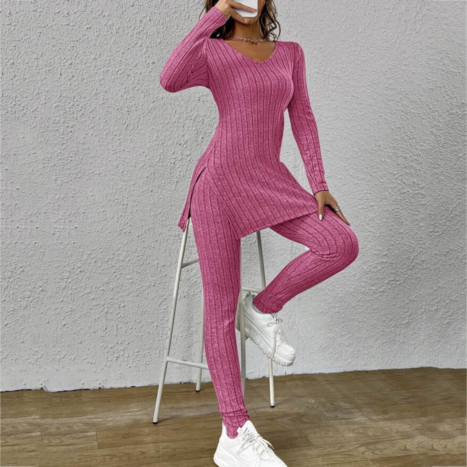2024 Women Two Piece Outfits Set Long Sleeve V Neck Slit Hem Tee Shirt ...