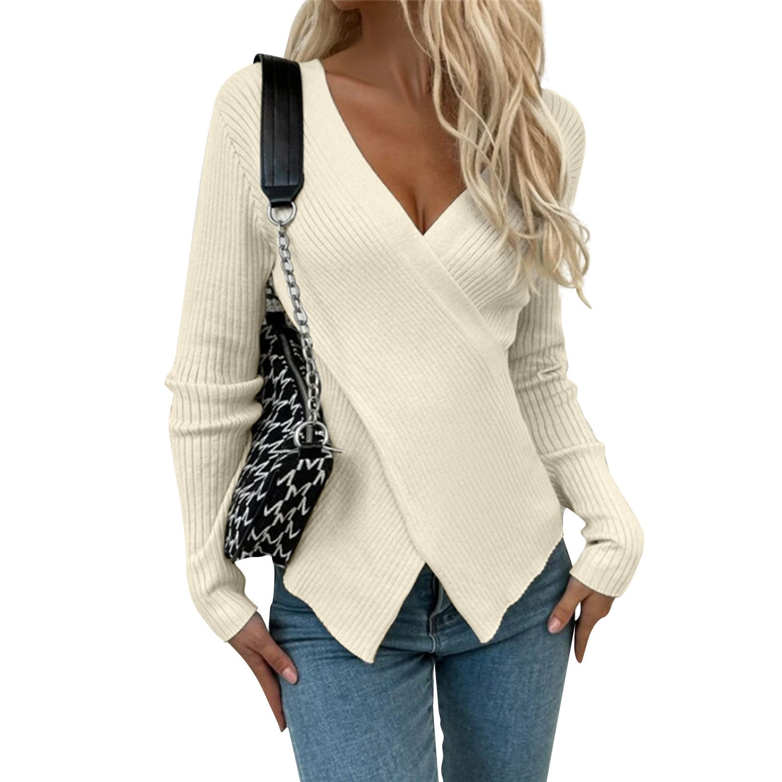 2024 Women's Criss Cross V-Neck Sweater, Ribbed Knit Long Sleeve ...
