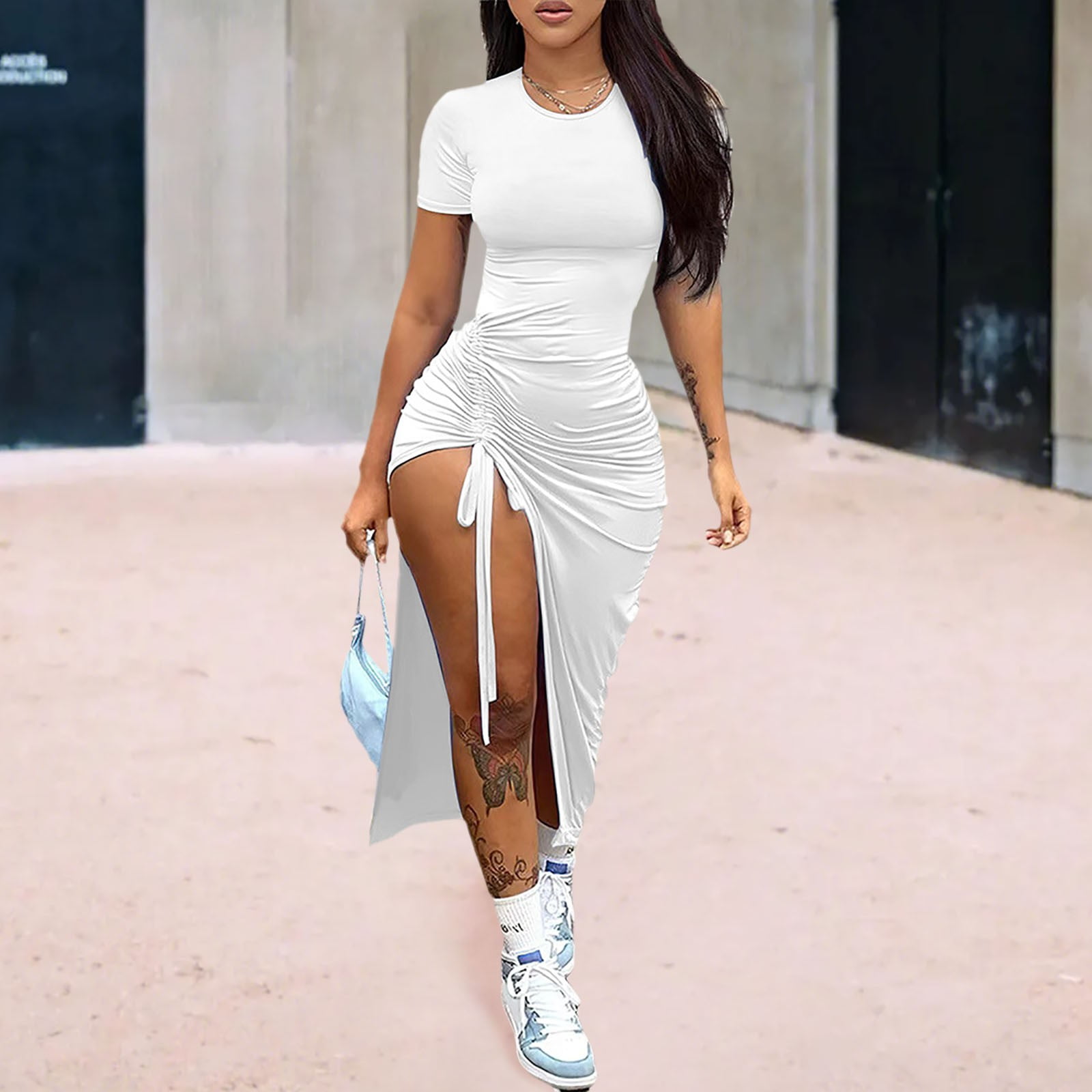 2024 Women's Fashion Sexy Slim Solid Color Ruffled Slit Drawstring ...