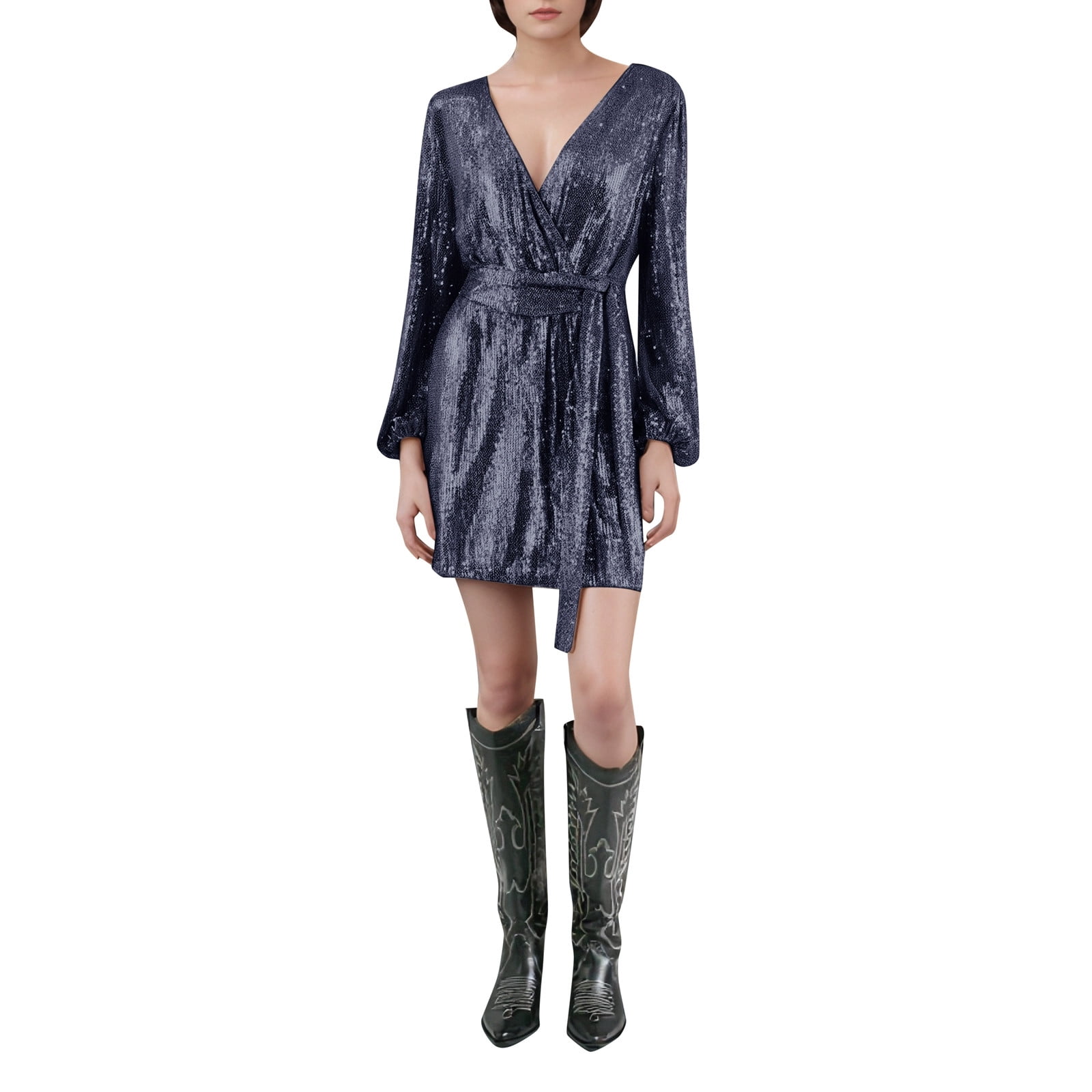 2024 Women's Sequin Mini Wrap Dress With V Neck Long Puff Sleeves ...
