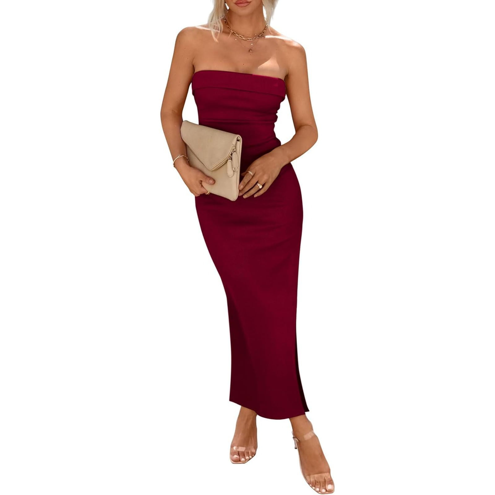 2024 Women's Summer Skintight Long Strapless Side Slit Dress New Years ...