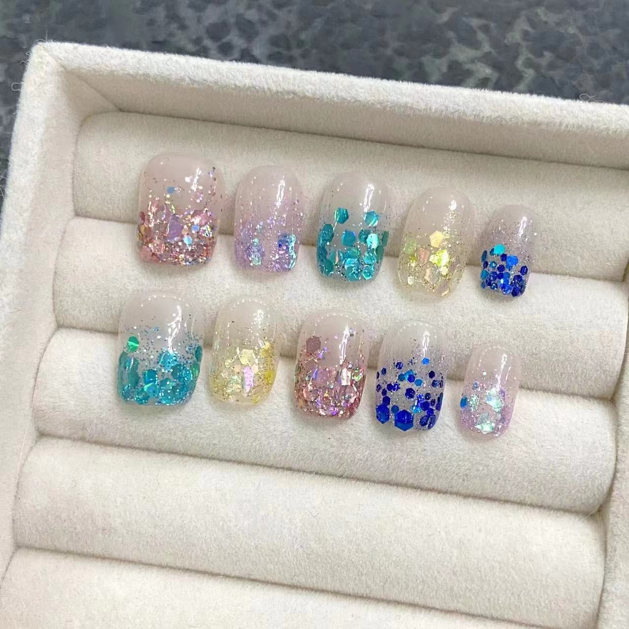 2024 new handmade armor sparkling sequins manicure blue mermaid Ji ...