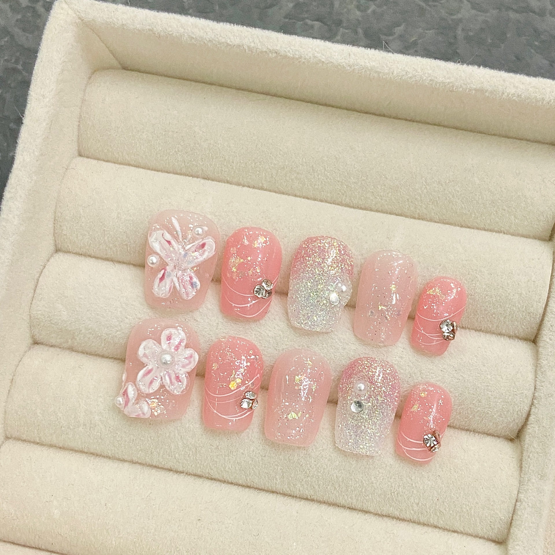 2024 new nail piece wearing nail pink gentle flower blush nail art fake ...