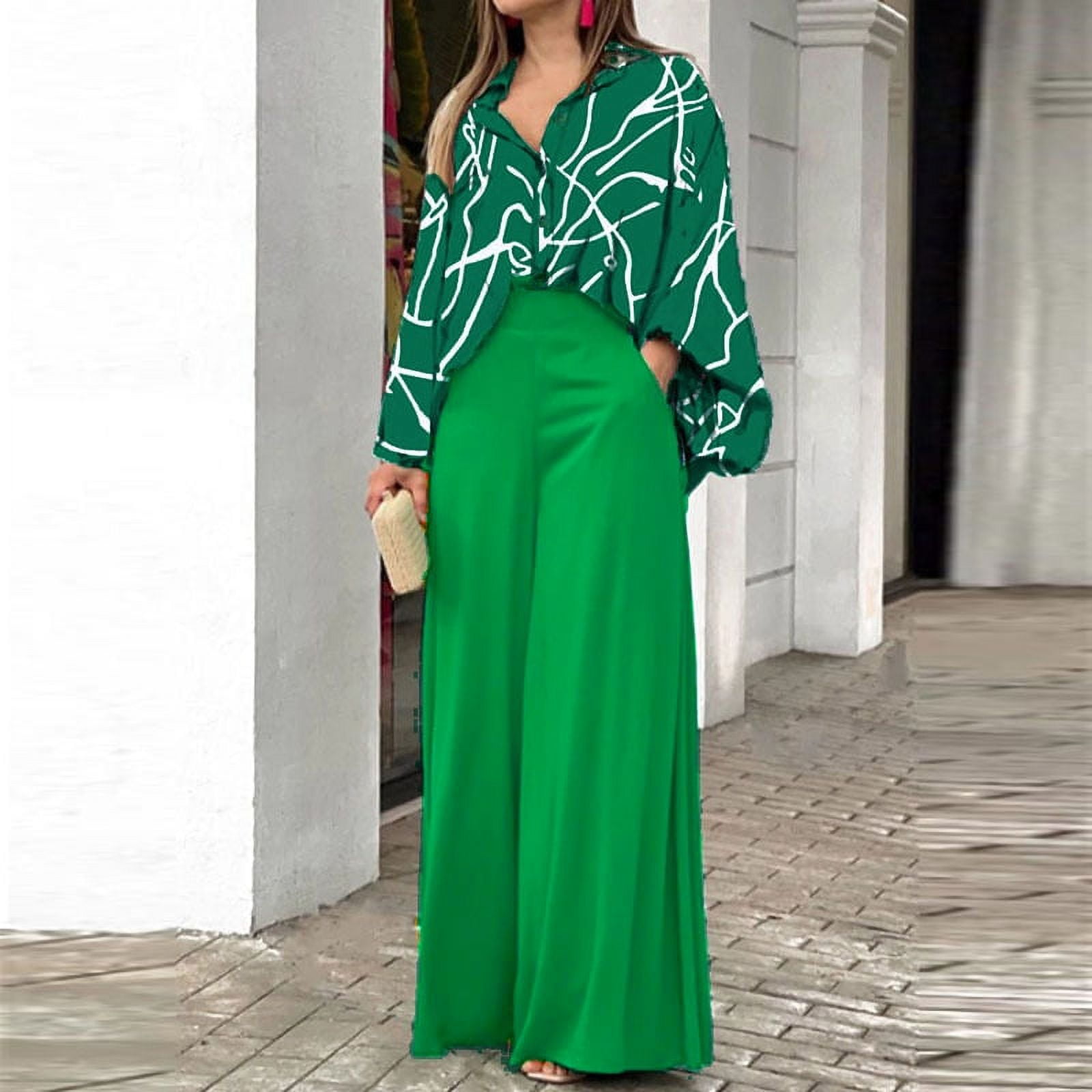 2024Autumn Plus Size Women's Set Long Sleeve Shirt Tops and Wide Leg ...