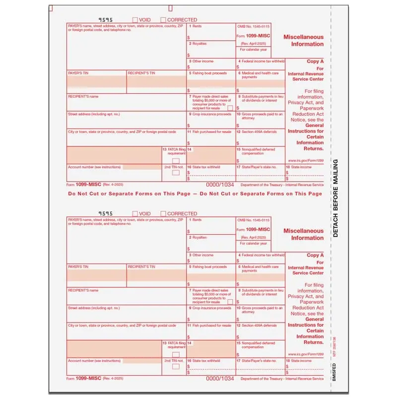 2025 1099-MISC 2up Federal Copy A for 10 Vendors and 1096 Transmittal ...
