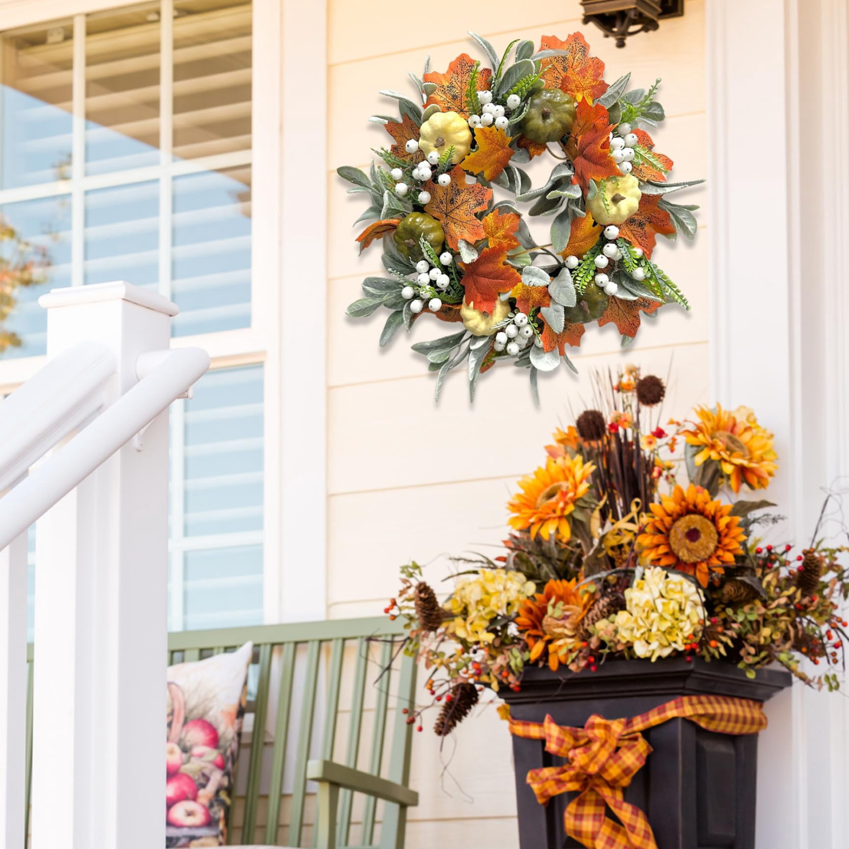 2025 17.7 inch Fall Wreath for Front Door Autumn Pumpkin Maple Leaves ...