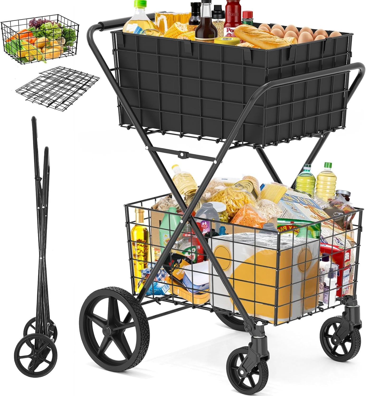 [2025𝐍𝐄𝐖] 2-Tier Extra Large Shopping Cart for Groceries, 400Lbs Grocery Cart with 2 Removable ...