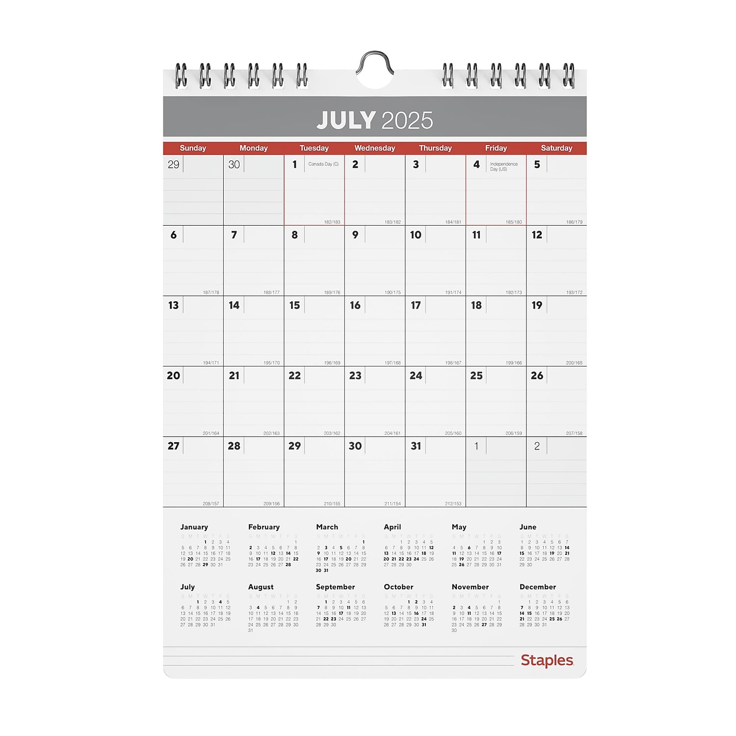 2025-2026 Staples 8" x 11" Academic Monthly Wall Calendar Gray/Red ...