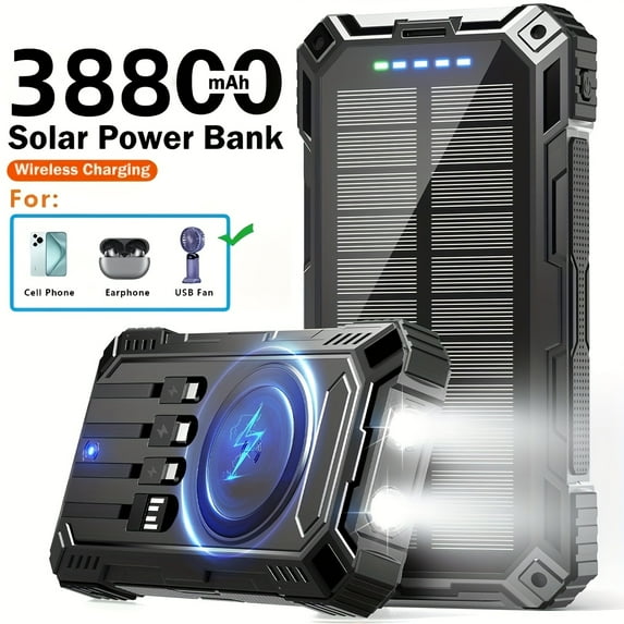 2025 38800mAh Solar Portable Charger - USB, Long-Lasting for Phones/All ...