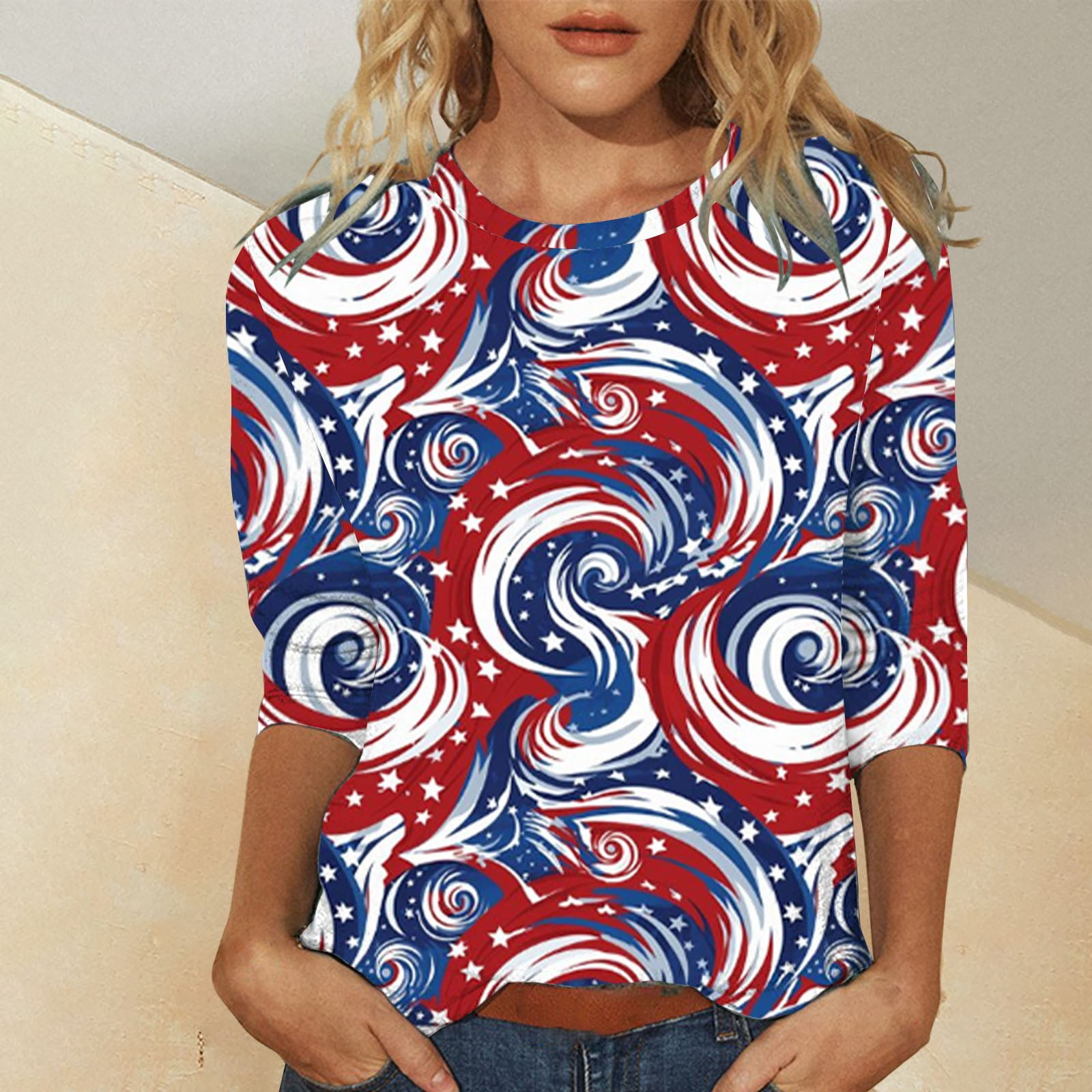 2025 4Th of July Women's Crewneck 3/4 Sleeve Patriotic Tee - Usa Flag ...