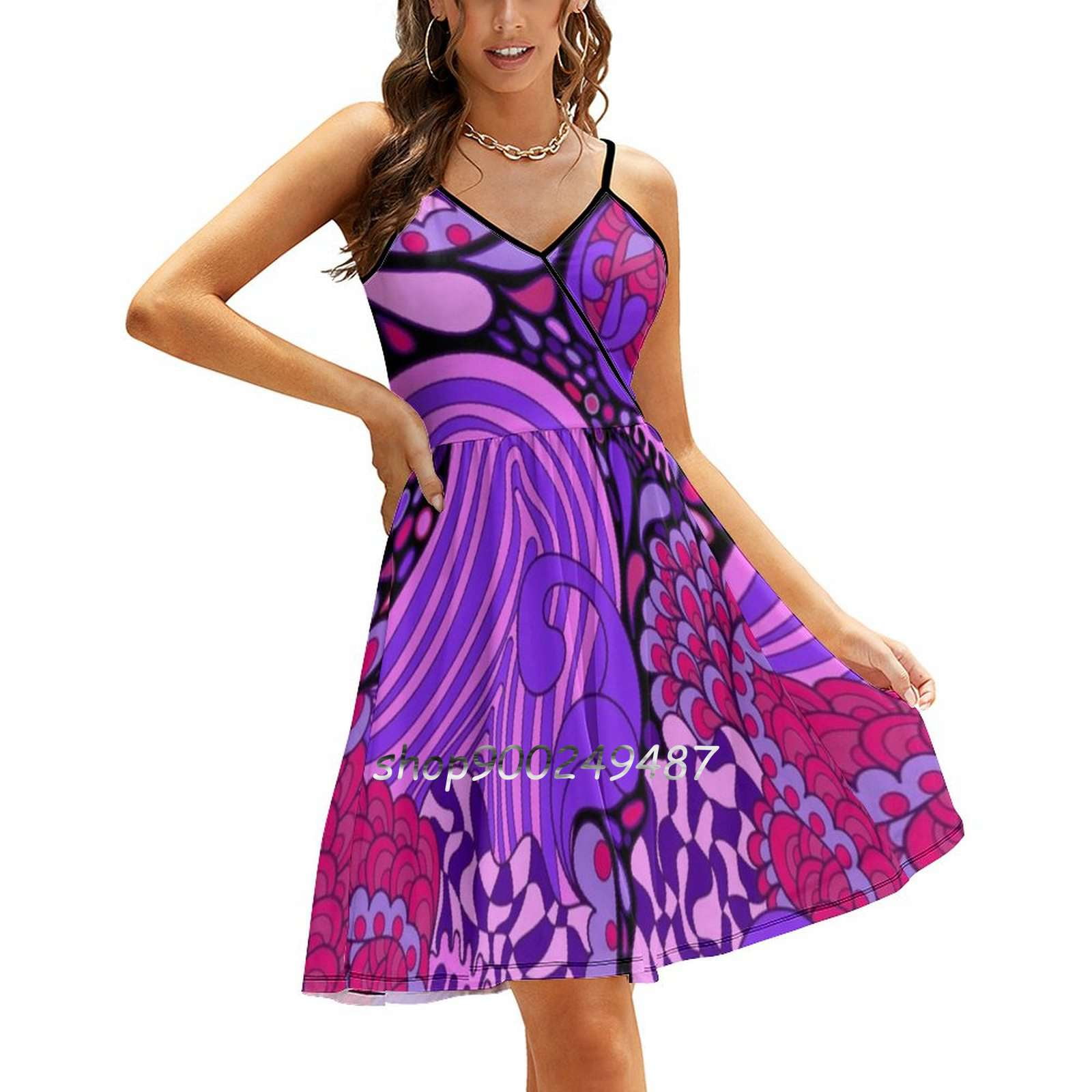 2025 60S Hippie Psychedelic Pattern Square Neck Dress Cute Loose Print Dresses Elegant Beach ...