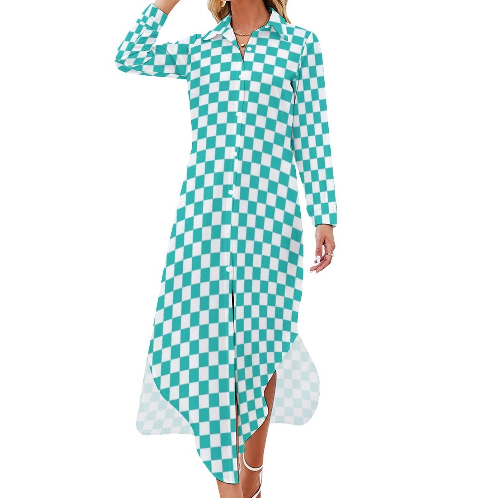 2025 Abstract Checkerboard Chiffon Dress V Neck Black and White Checker ...