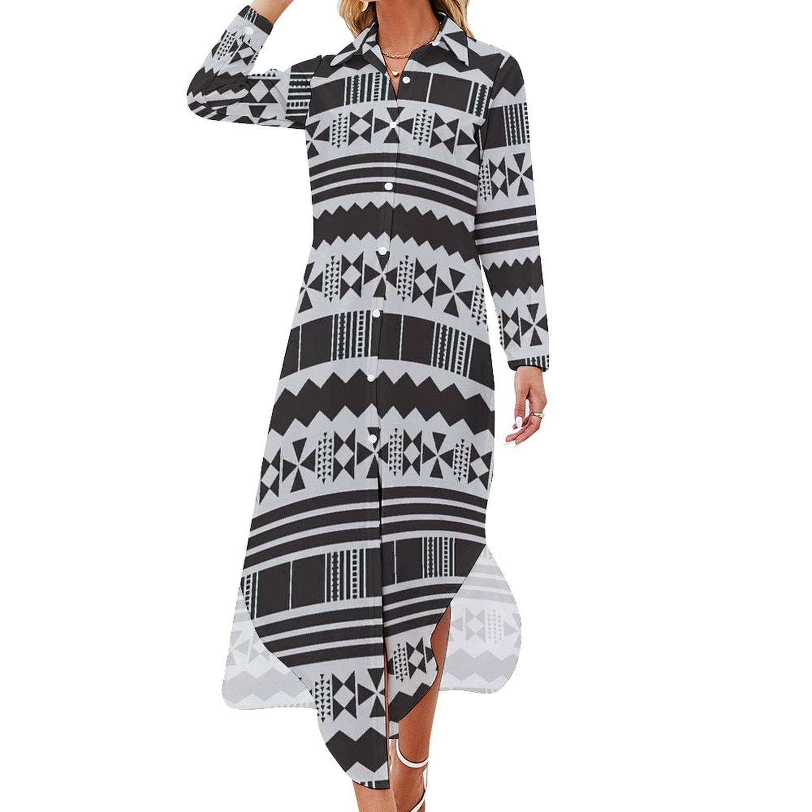 2025 Abstract Ethnic Aztec Casual Dress Black And White Street Wear ...