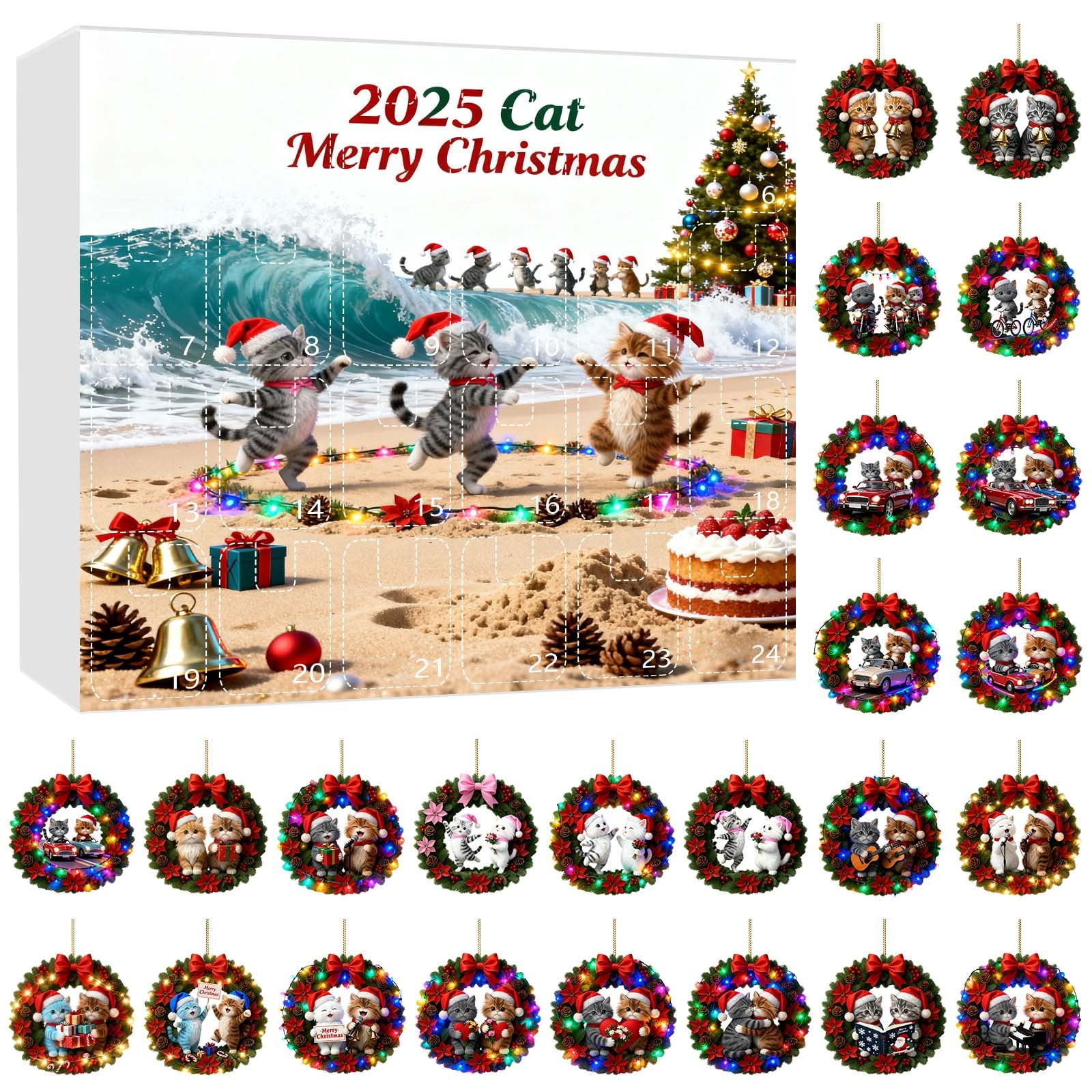 2025 Adorable Wreath Cat Ornament Advent Calendar with 24 Double ...