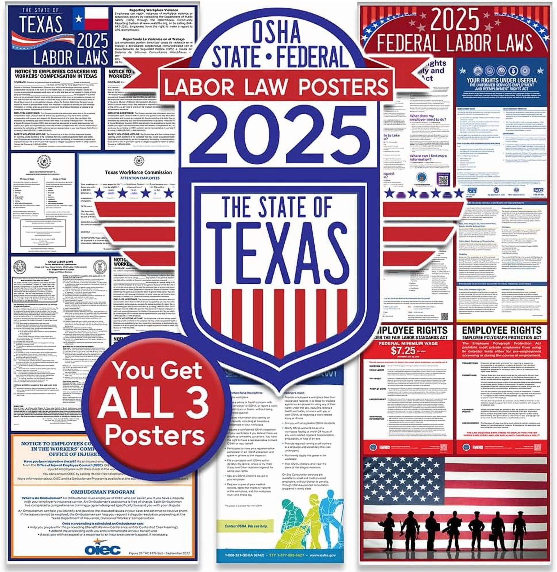 2025 All-in-One Labor Law Poster Pack of 1–Texas State Federal OSHA ...