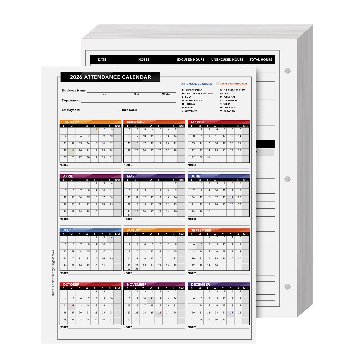 2026 Attendance Calendar Card Stock Paper – Great Employee Work Tracker ...