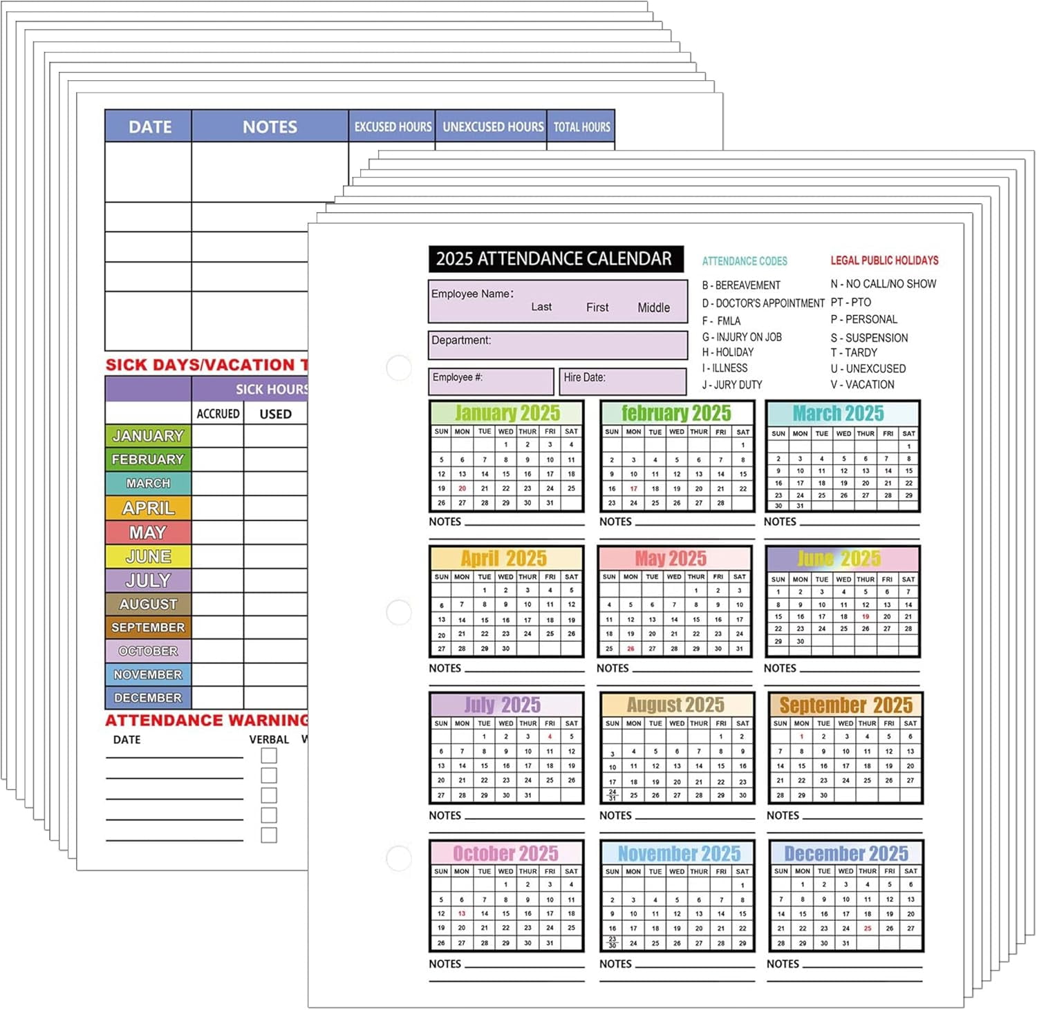 2025 Attendance Calendar Work Tracker Card 25 Sheets Employee Work ...