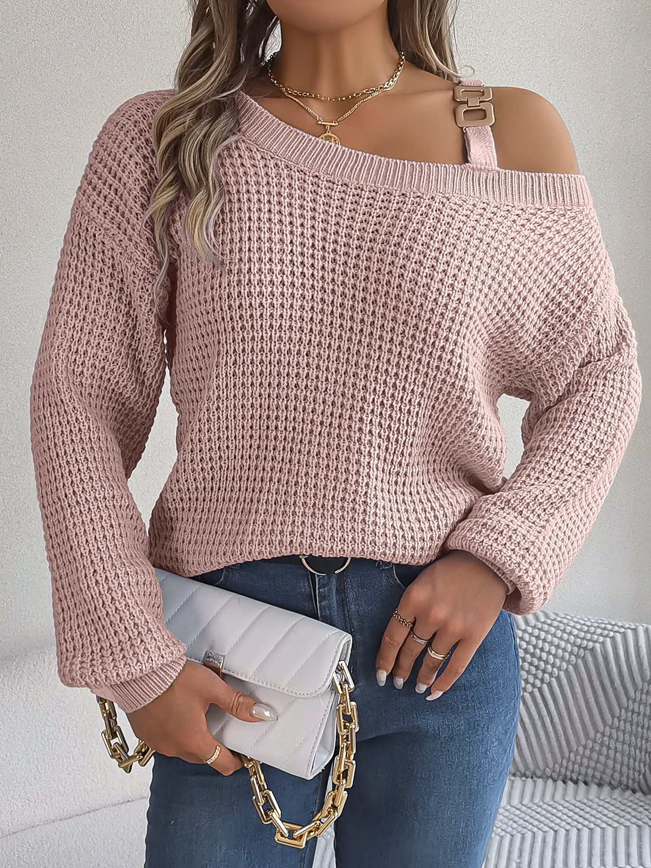 2025 Autumn/Winter Casual Metal Buckle Splicing Off Shoulder Lantern ...