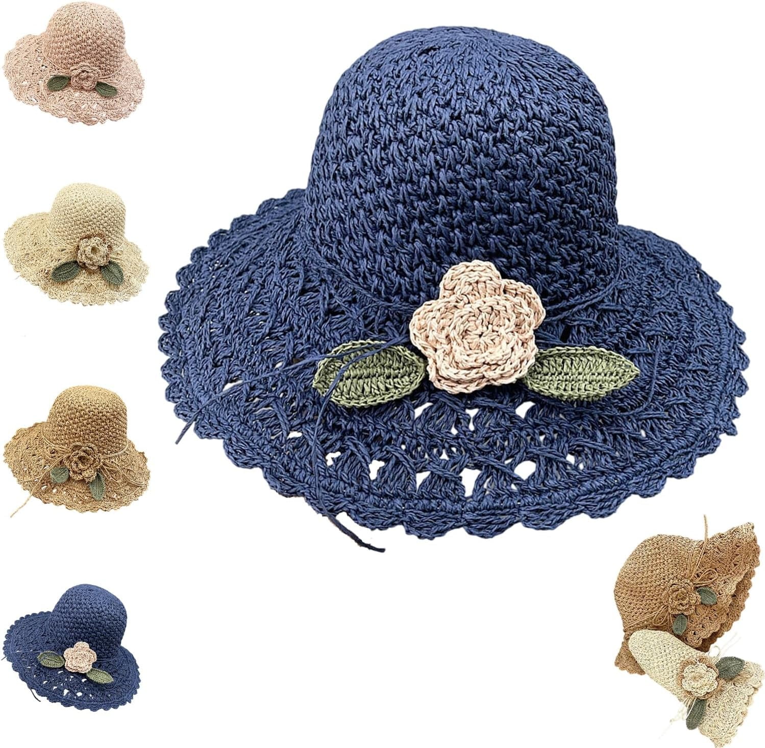 2025 Aviationp Elegant Crochet Straw Hat with Ruffle Detail, Foldable ...