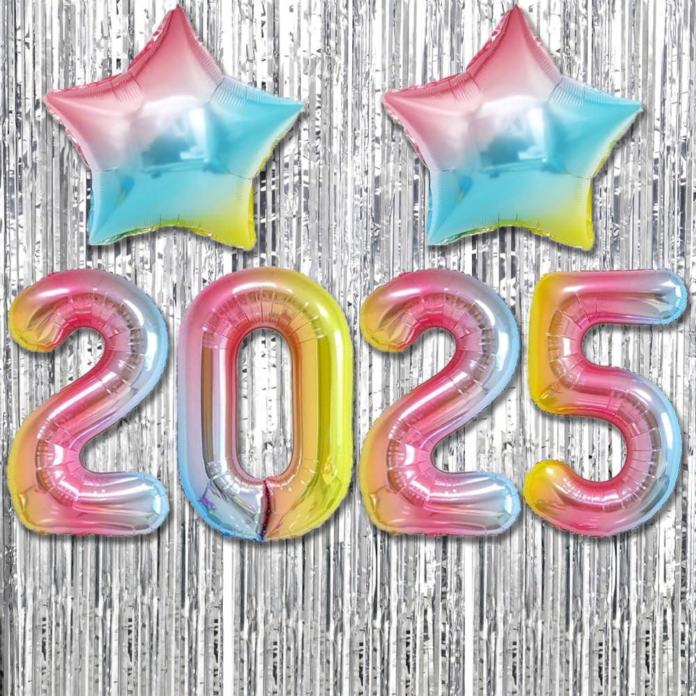 2025 Balloons 32 Inch Foil Rainbow Number Balloons, 6.5x3.2ft Silver ...