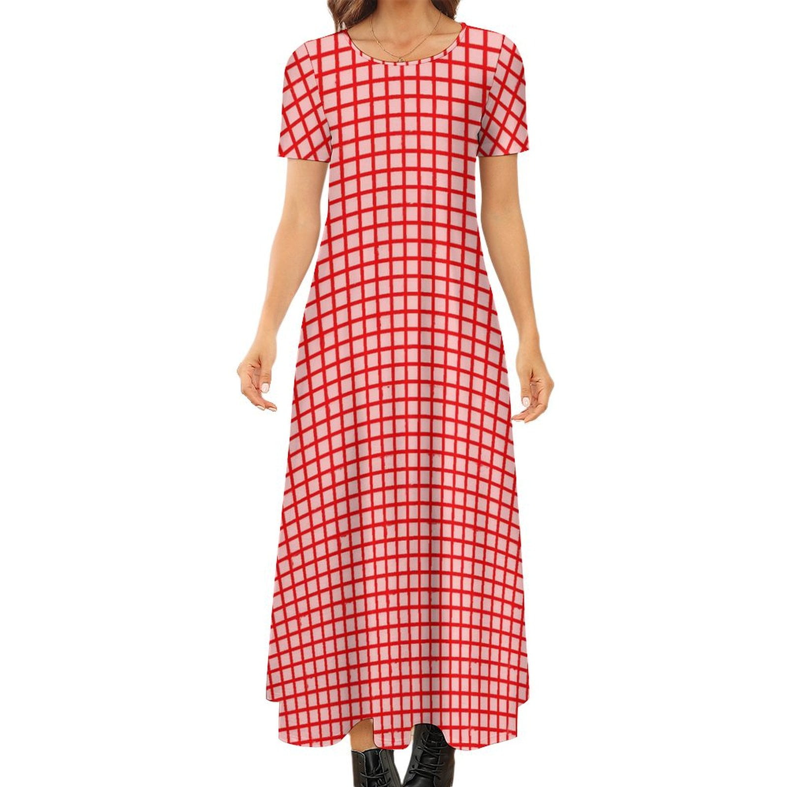 2025 Big Short Print Red Dress Female Long Maxi Check Wear Dress Street ...