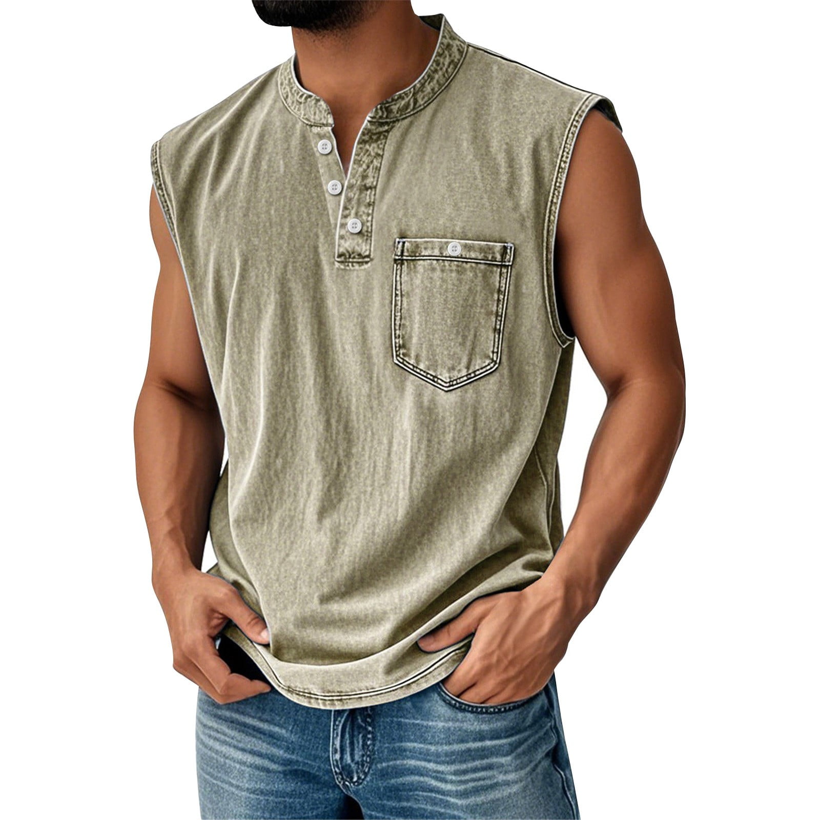 2025 Big And Tall Tank Tops Men Vintage Washed Button Down Sleeveless ...