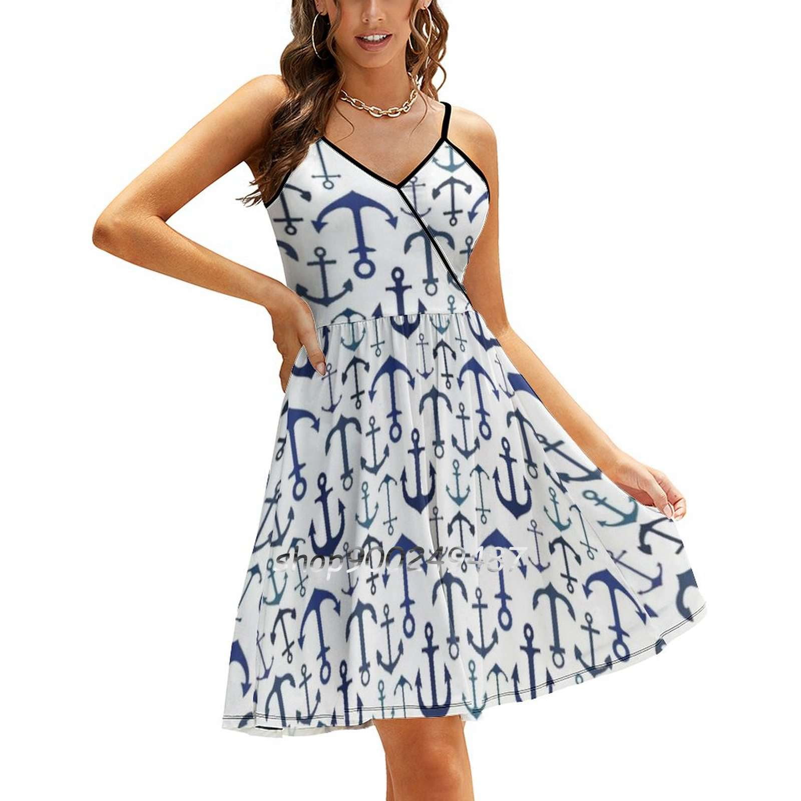 2025 Blue Anchors Square Neck Dress Sweet Summer Dress Women Elegant Halter Print Dress Anchor ...