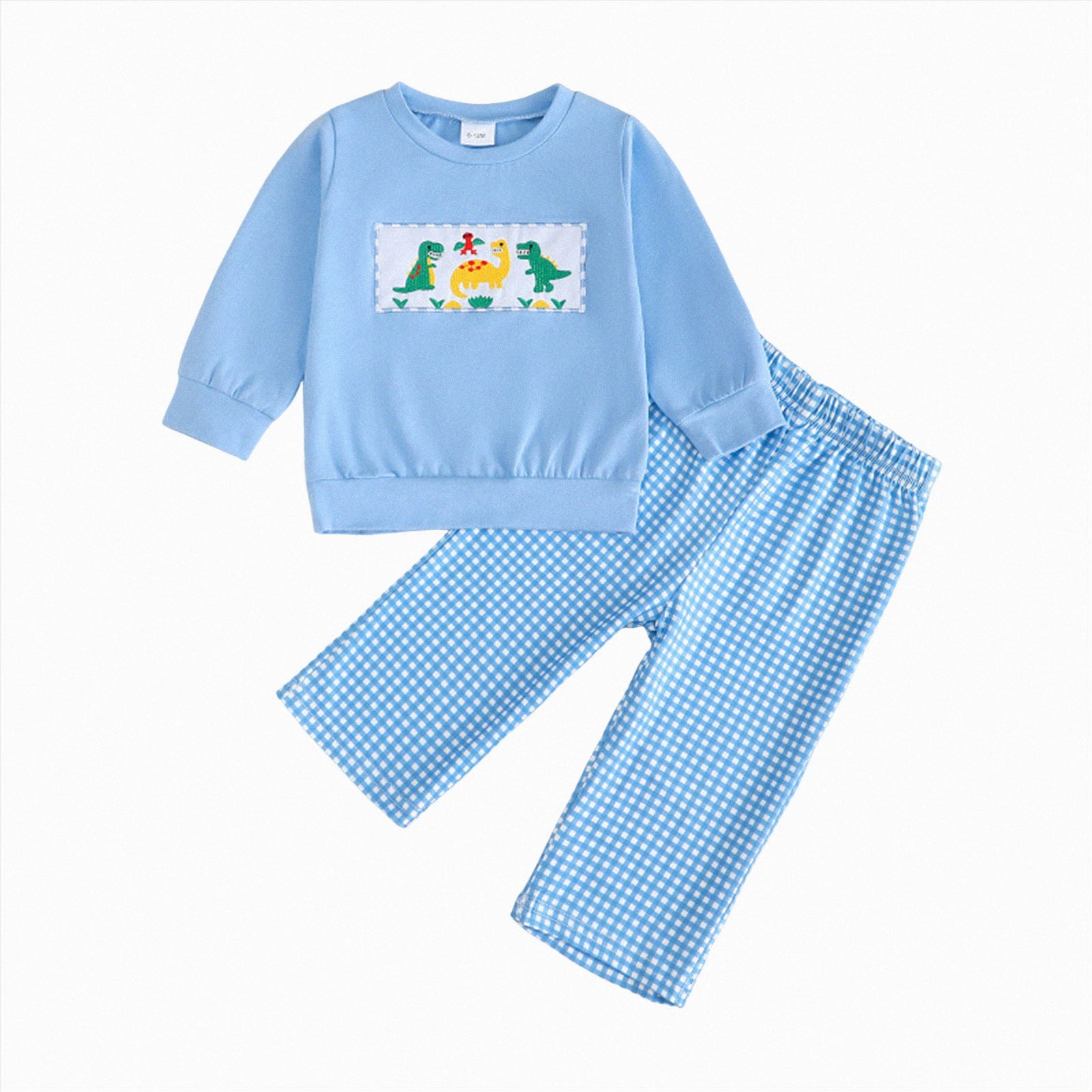 2025 Boys Long Sleeved Dinosaur Embroidered Top Checkered Pants Babys ...