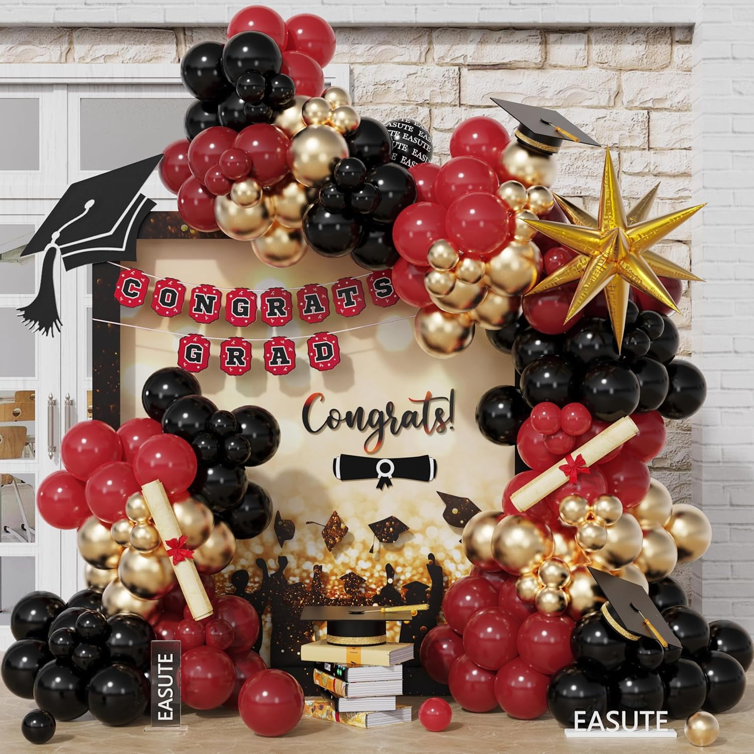 2025 Burgundy Graduation Balloon Arch Kit, 146PCS Maroon Gold Black ...
