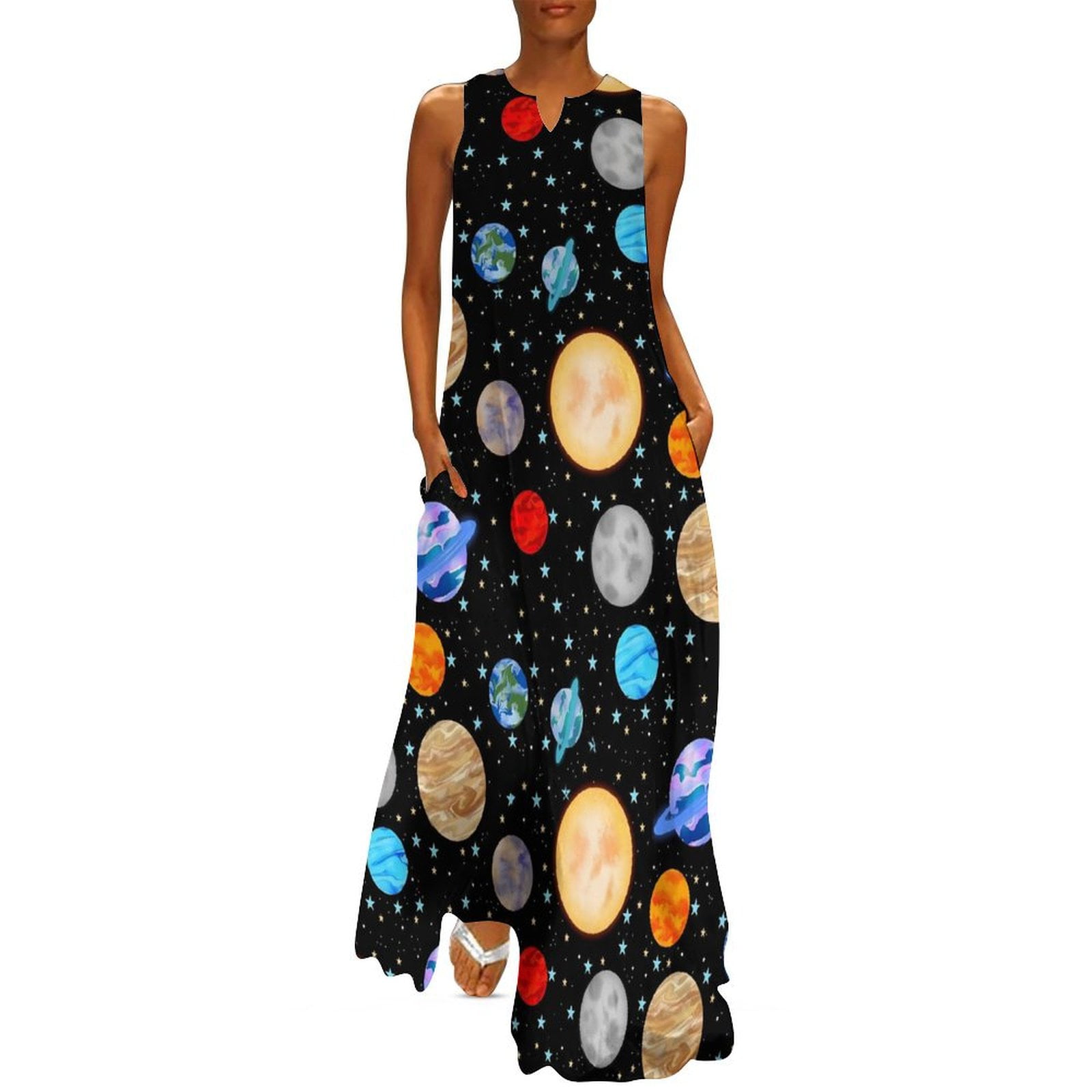 2025 Celestial Space Print Dress Black And White Vintage Maxi Dress V ...