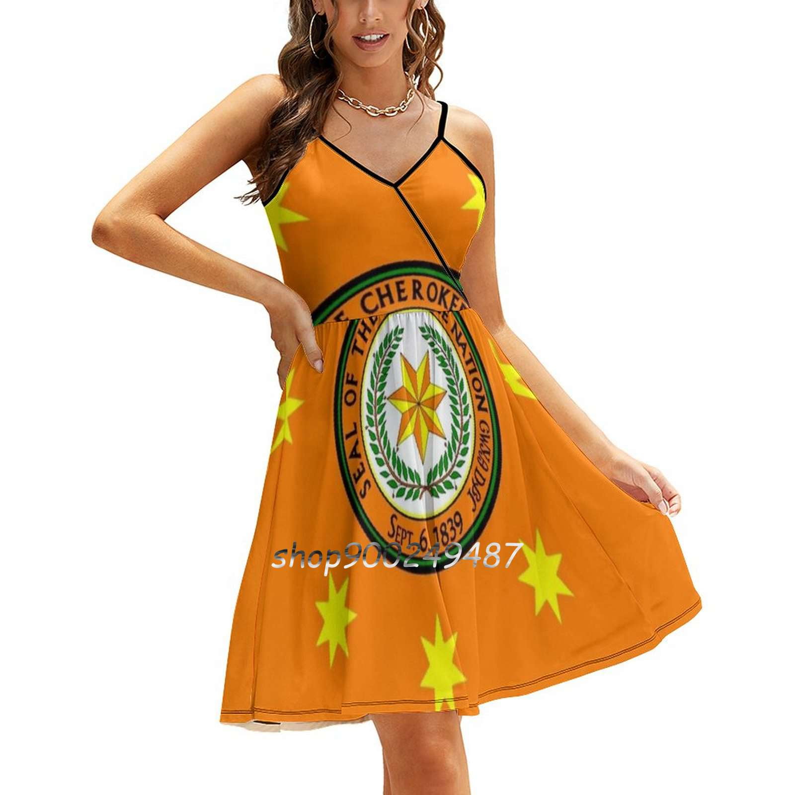 2025 Cherokee Nation Flag Square Neck Dress Cute Loose Print Dresses Elegant Beach Party Dress ...