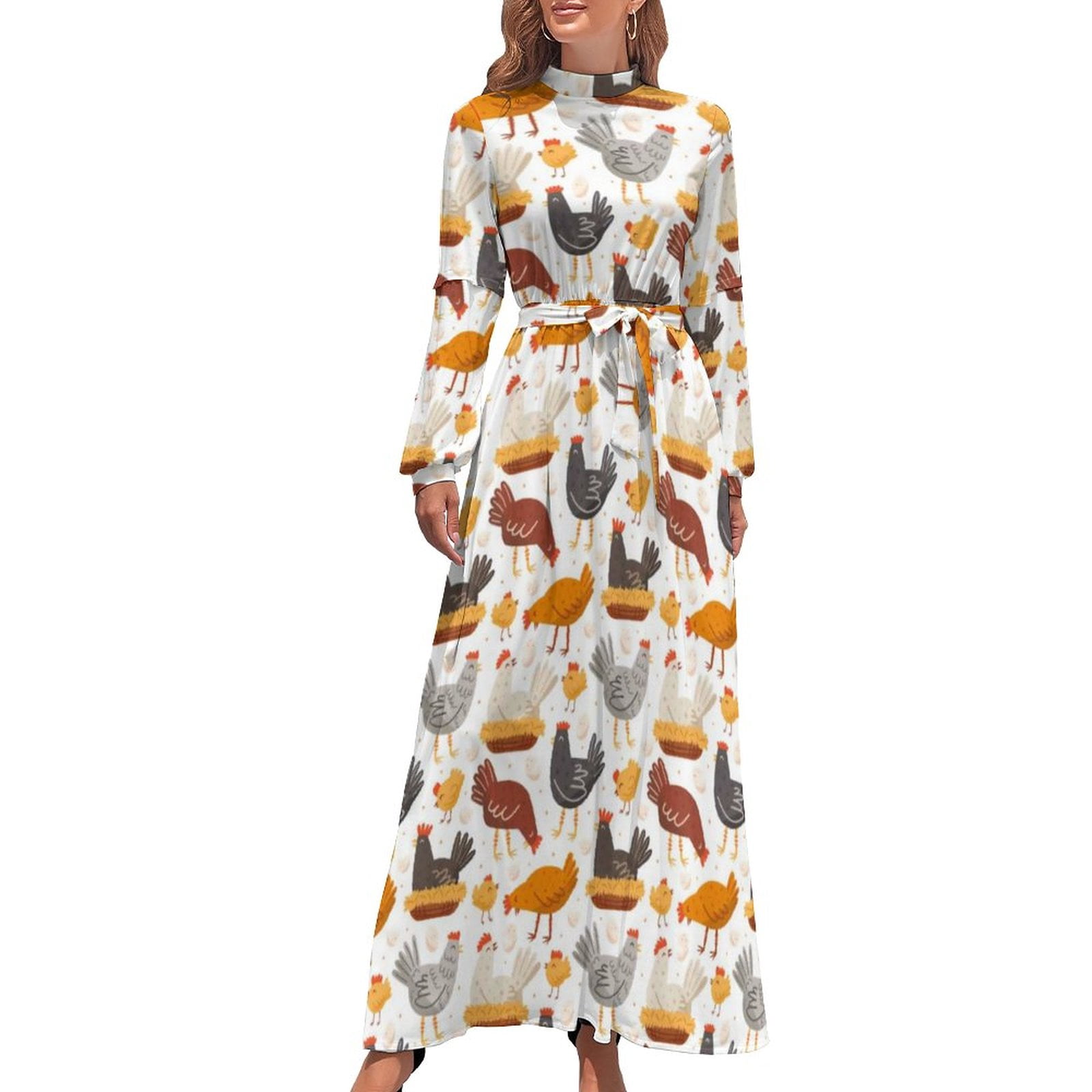 2025 Chicken Art Dress High Neck Cute Hen Print Graphic Boho Beach ...
