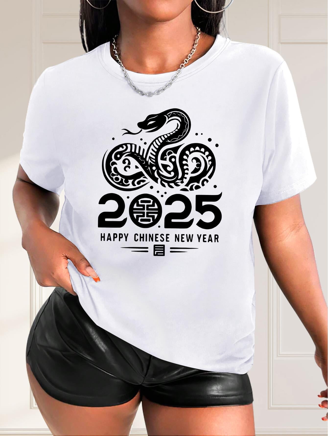 2025 Chinese New Year Snake Print T-Shirt - 100% Polyester Crew Neck ...