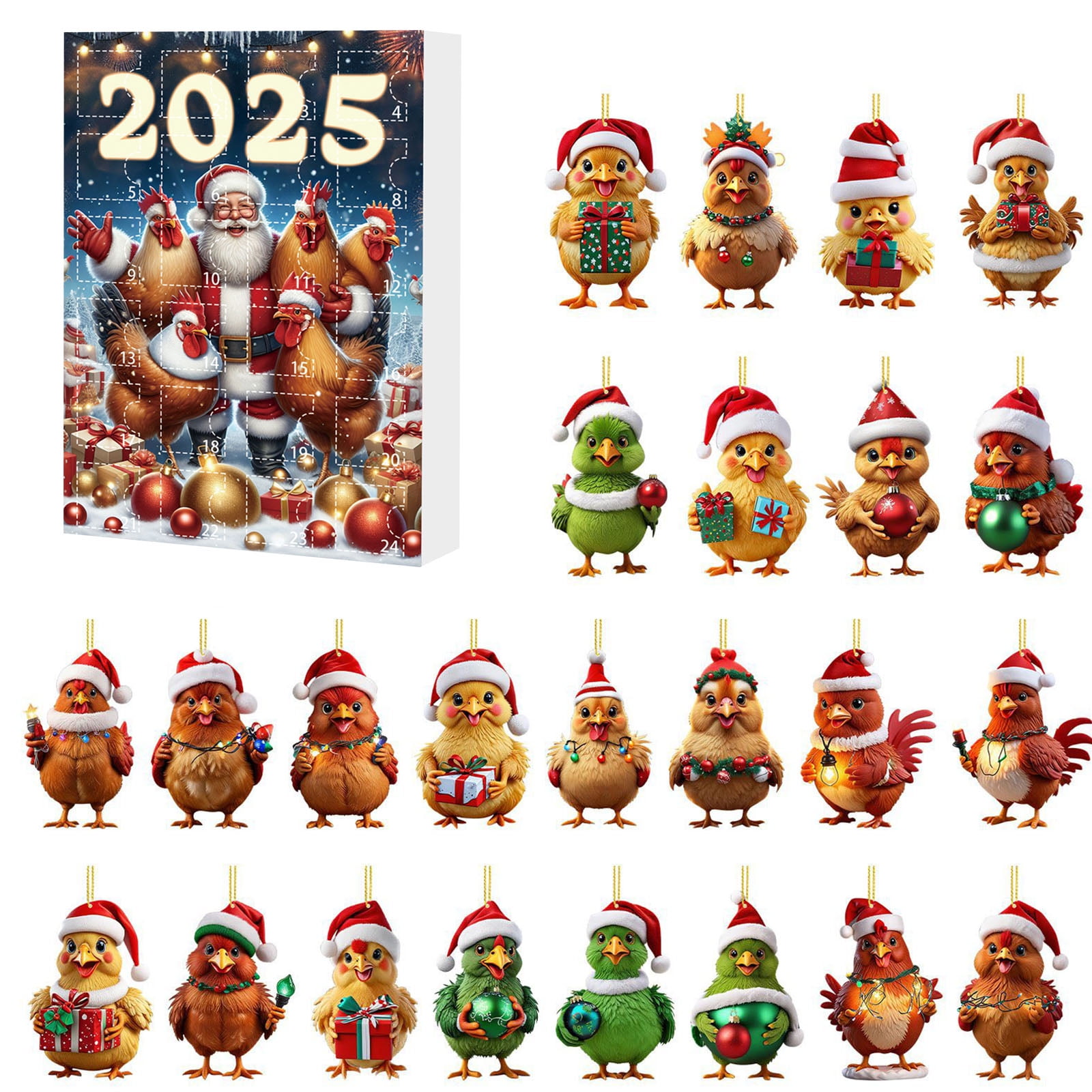 2025 Christmas Advent Calendar 2D Chicken with Santa Hats, 24-Days ...
