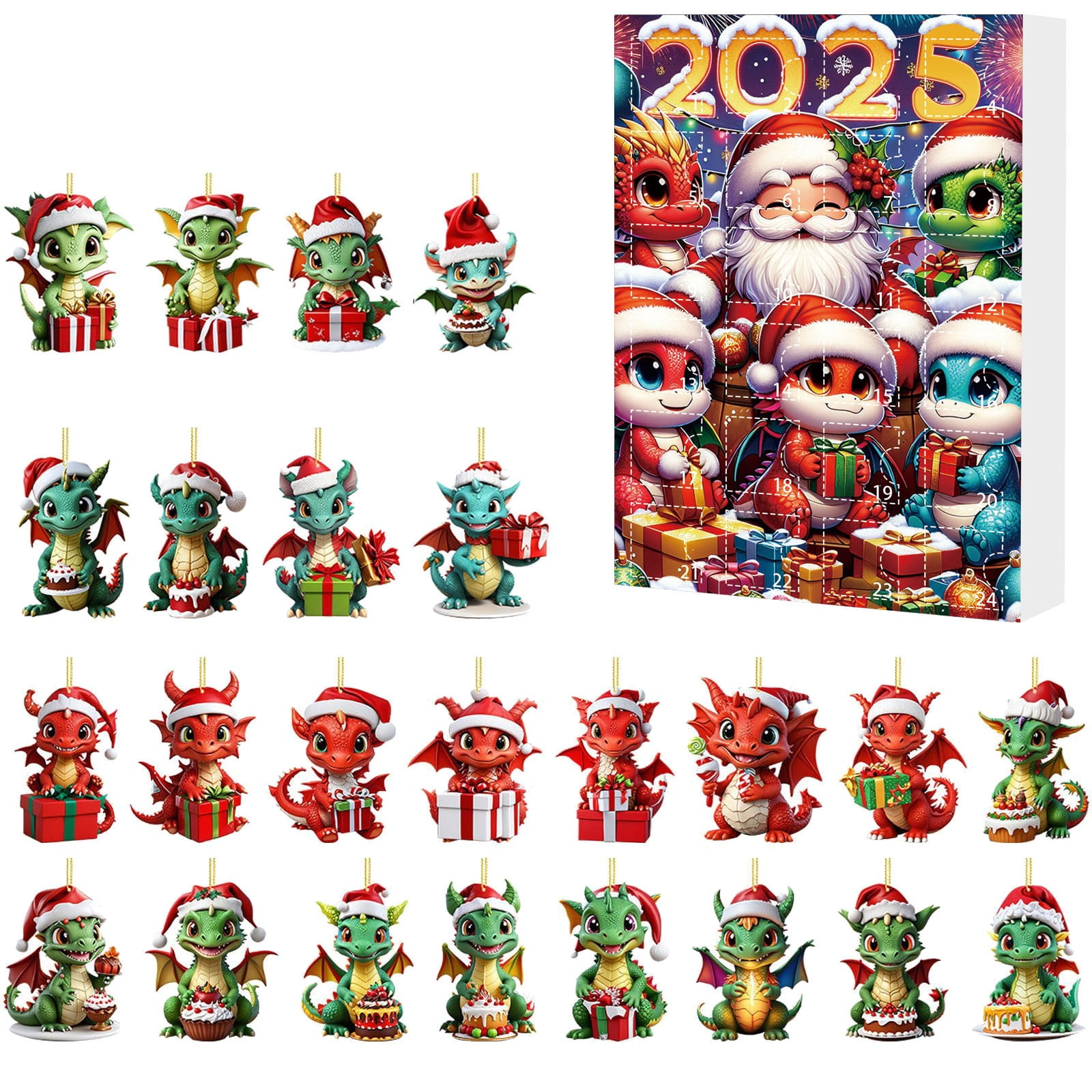 2025 Christmas Advent Calendar 2D Flat Dragon with Santa Hats Ornaments ...