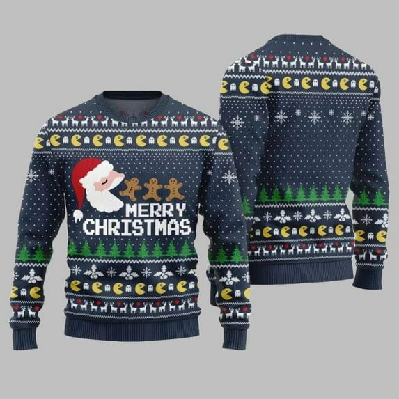 2025 Christmas Bold Pacman Santa Ghost Hunt Ugly Christmas Sweater ...