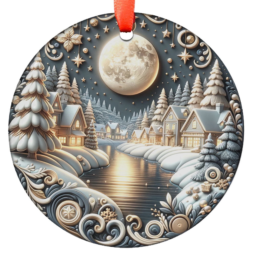 2025 Christmas Ornament, Moonlit Winter Village Scene, Neutral Holiday ...
