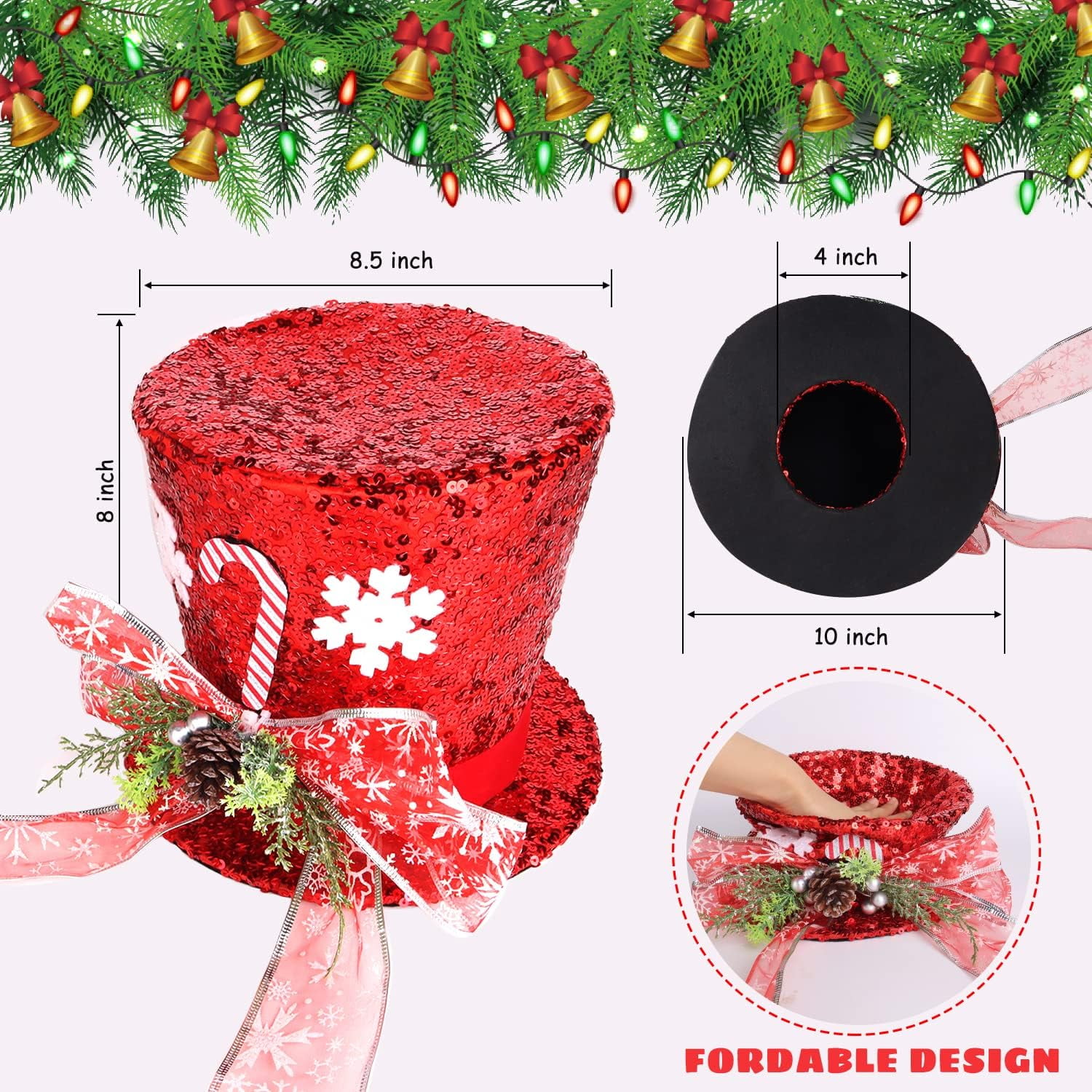 2025 Christmas Tree Topper Hat with Red Candy Cane Bow, 6.5ft Ribbon ...