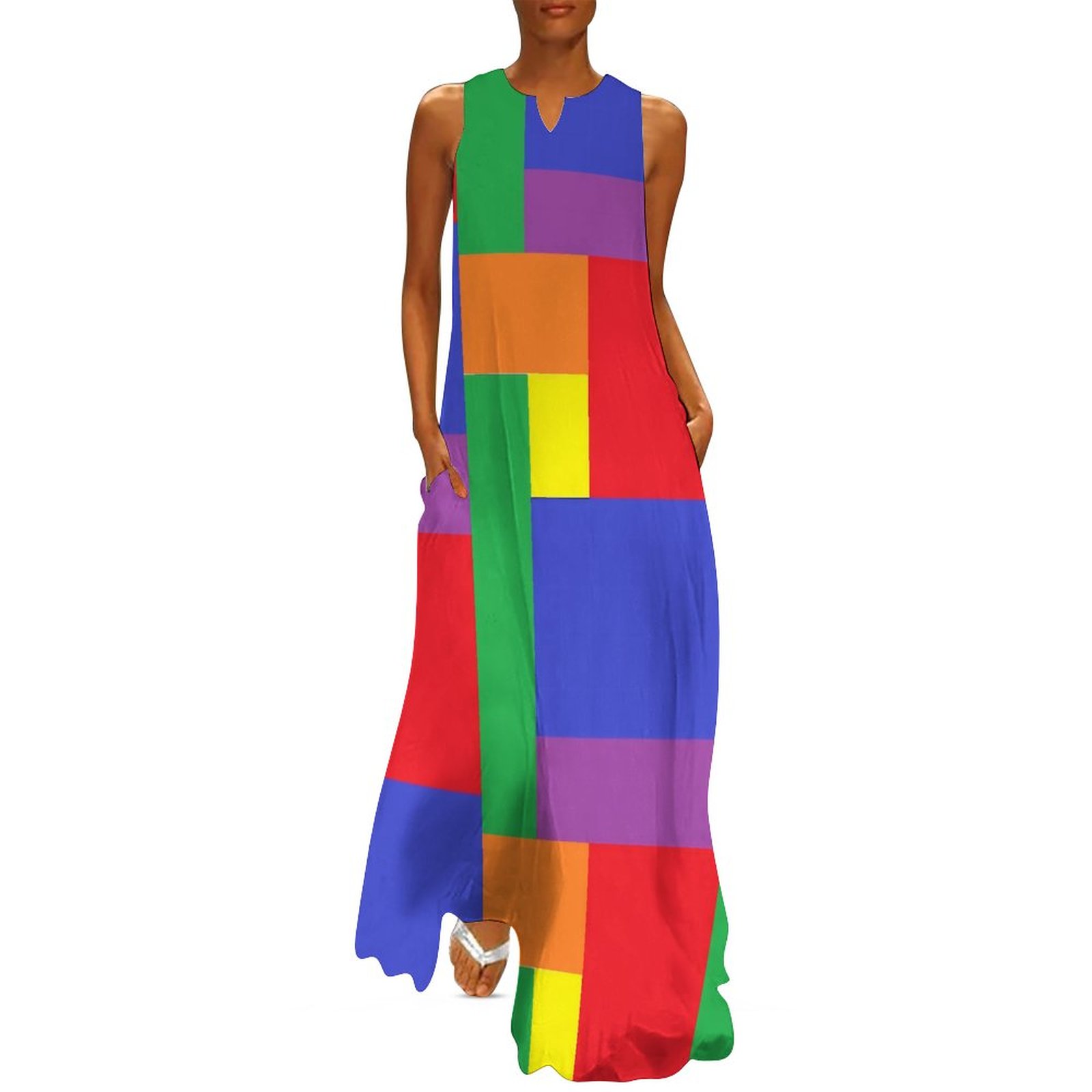 2025 Colorblock Print Dress Modern Check Kawaii Maxi Dress V Neck ...